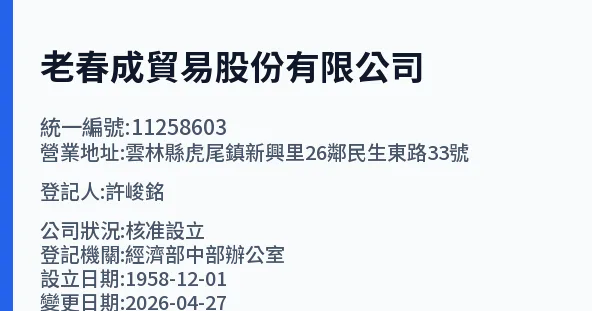老春成貿易股份有限公司的照片-統編 11258603(雲林縣) 公司登記資料與營業項目詳細圖表