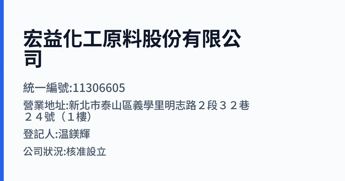宏益化工原料股份有限公司 - 統編 11306605(新北市) 公司登記資料與營業項目詳細圖表