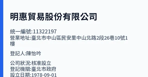明惠貿易股份有限公司的照片-統編 11322197(臺北市) 公司登記資料與營業項目詳細圖表