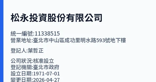 松永投資股份有限公司的照片-統編 11338515(臺北市) 公司登記資料與營業項目詳細圖表