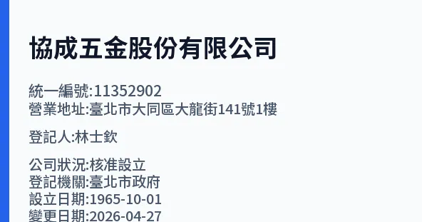 協成五金股份有限公司的照片-統編 11352902(臺北市) 公司登記資料與營業項目詳細圖表