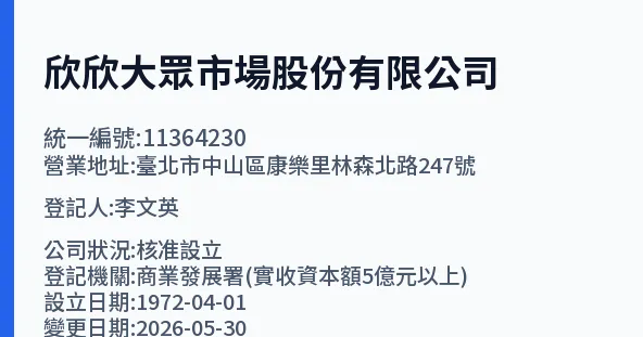 欣欣大眾市場股份有限公司的照片-統編 11364230(臺北市) 公司登記資料與營業項目詳細圖表