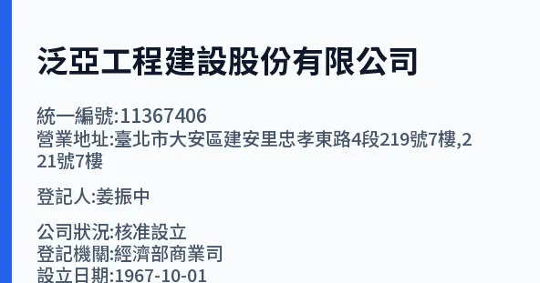 泛亞工程建設股份有限公司的照片-統編 11367406(臺北市) 公司登記資料與營業項目詳細圖表