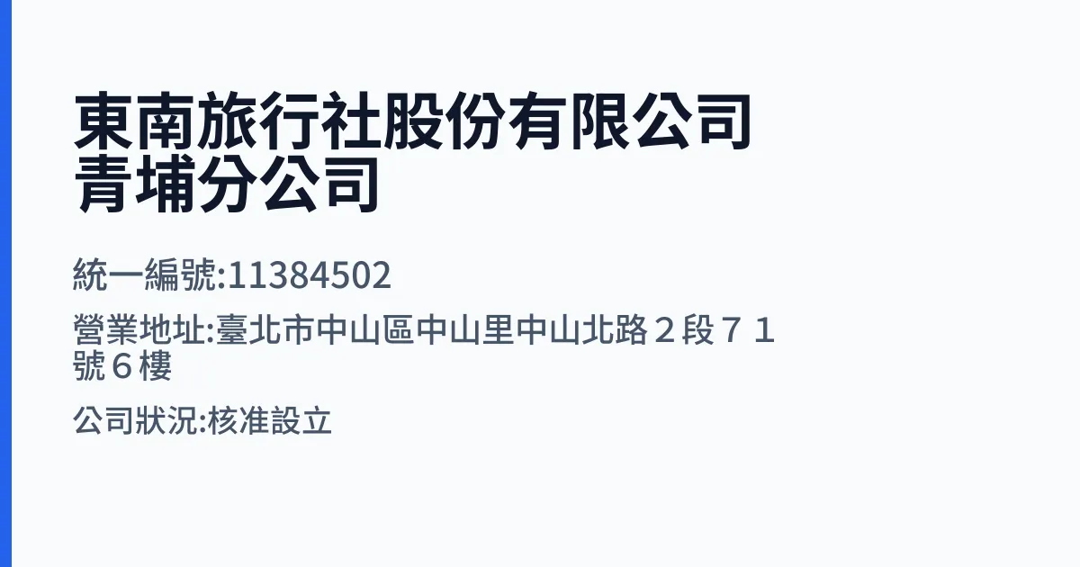 東南旅行社股份有限公司青埔分公司 - 統編 11384502(桃園市) 公司登記資料與營業項目詳細圖表