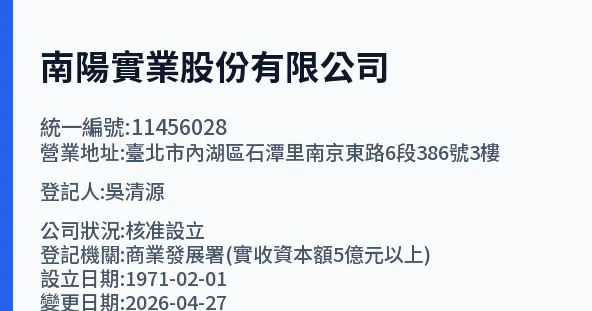 南陽實業股份有限公司的照片-統編 11456028(臺北市) 公司登記資料與營業項目詳細圖表