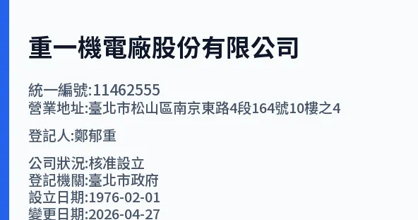 重一機電廠股份有限公司的照片-統編 11462555(臺北市) 公司登記資料與營業項目詳細圖表
