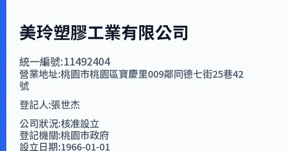 美玲塑膠工業有限公司的照片-統編 11492404(桃園市) 公司登記資料與營業項目詳細圖表