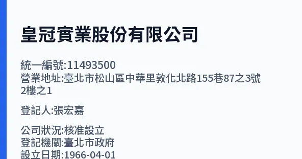 皇冠實業股份有限公司的照片-統編 11493500(臺北市) 公司登記資料與營業項目詳細圖表