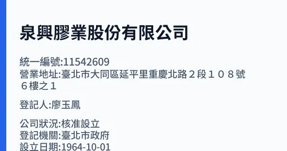 泉興膠業股份有限公司的照片-統編 11542609(臺北市) 公司登記資料與營業項目詳細圖表