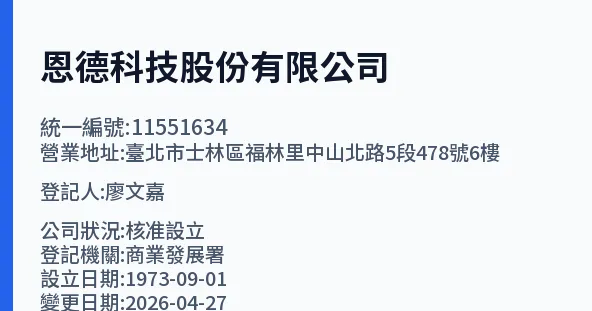 恩德科技股份有限公司的照片-統編 11551634(臺北市) 公司登記資料與營業項目詳細圖表