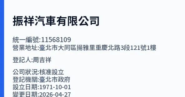 振祥汽車有限公司的照片-統編 11568109(臺北市) 公司登記資料與營業項目詳細圖表