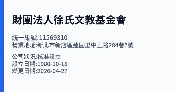 財團法人徐氏文教基金會的照片-統編 11569310(新北市) 公司登記資料與營業項目詳細圖表
