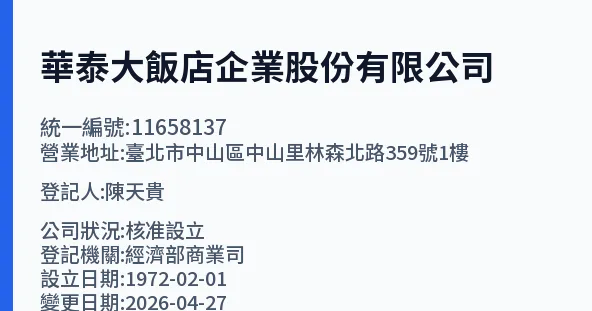 華泰大飯店企業股份有限公司的照片-統編 11658137(臺北市) 公司登記資料與營業項目詳細圖表