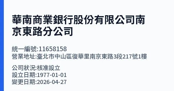 華南商業銀行股份有限公司南京東路分公司的照片-統編 11658158(臺北市) 公司登記資料與營業項目詳細圖表