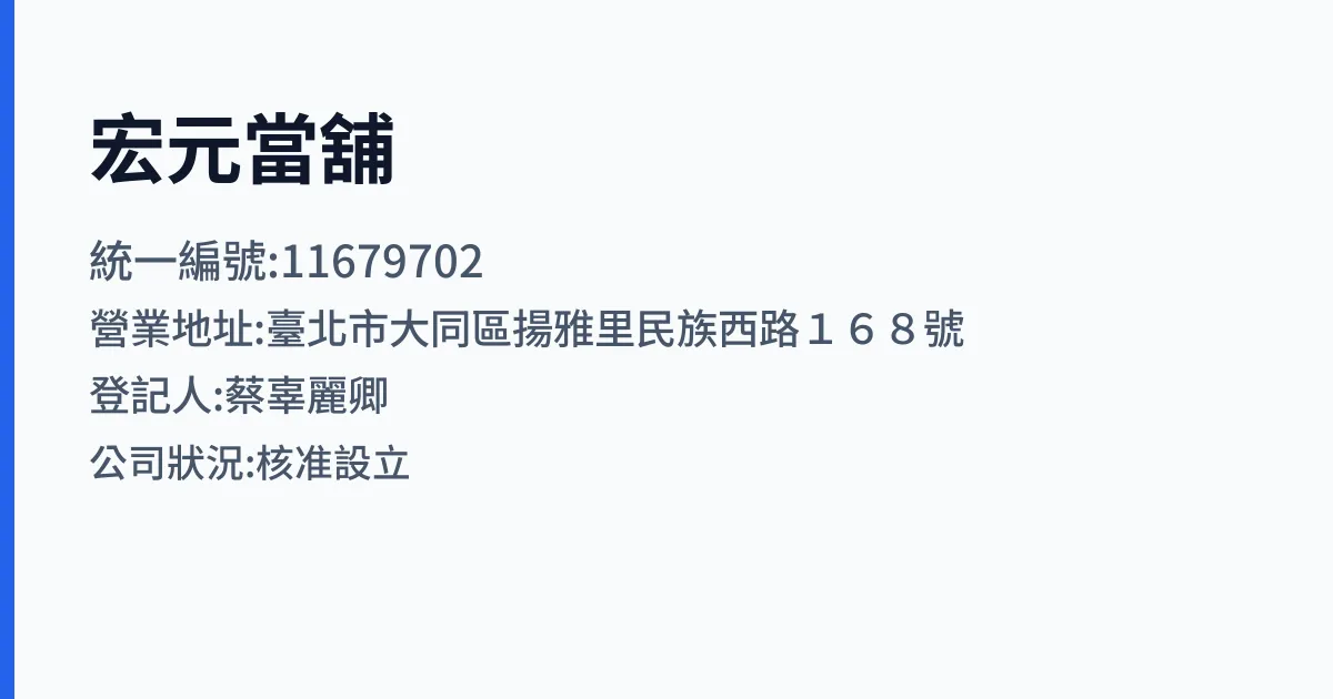 宏元當舖 - 統編 11679702(臺北市) 公司登記資料與營業項目詳細圖表