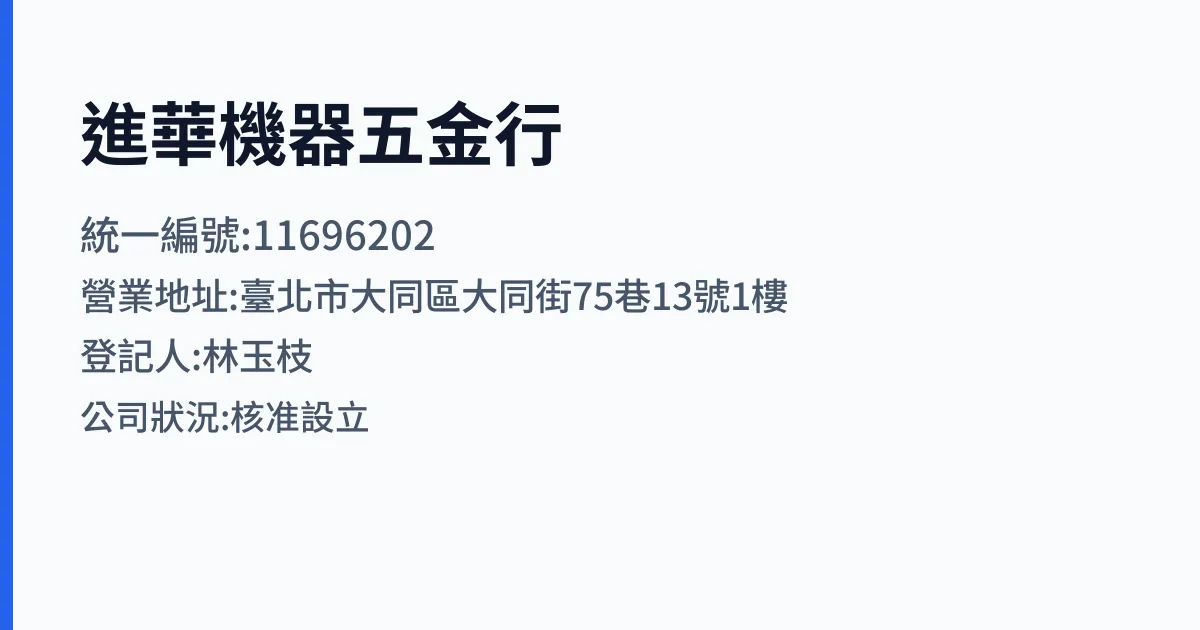進華機器五金行 - 統編 11696202(臺北市) 公司登記資料與營業項目詳細圖表