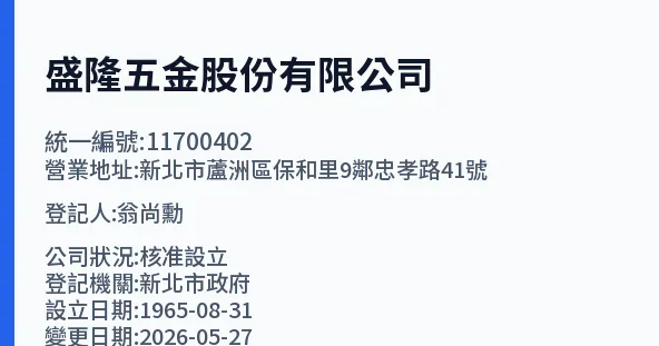 盛隆五金股份有限公司的照片-統編 11700402(新北市) 公司登記資料與營業項目詳細圖表