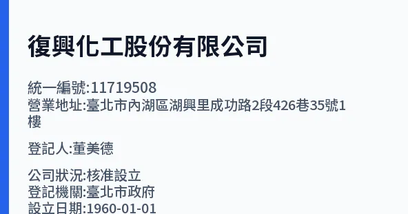 復興化工股份有限公司的照片-統編 11719508(臺北市) 公司登記資料與營業項目詳細圖表