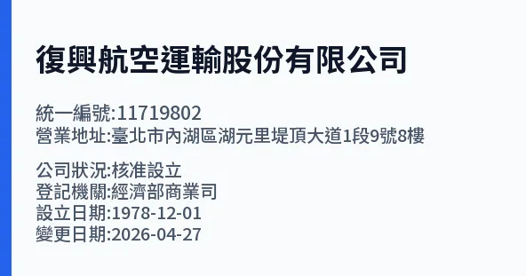復興航空運輸股份有限公司的照片-統編 11719802(臺北市) 公司登記資料與營業項目詳細圖表