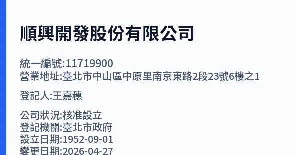 順興開發股份有限公司的照片-統編 11719900(臺北市) 公司登記資料與營業項目詳細圖表