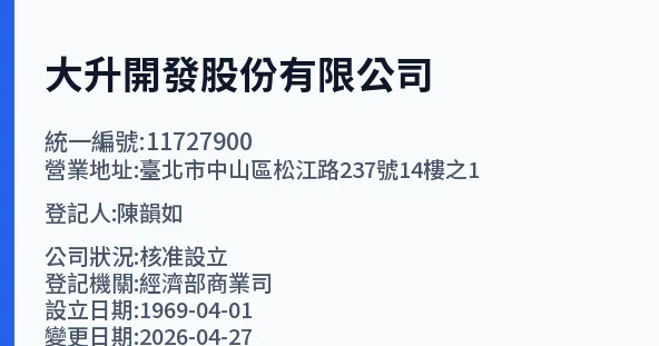 大升開發股份有限公司的照片-統編 11727900(臺北市) 公司登記資料與營業項目詳細圖表