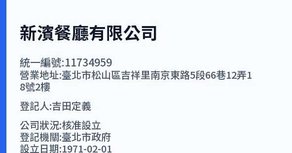 新濱餐廳有限公司的照片-統編 11734959(臺北市) 公司登記資料與營業項目詳細圖表