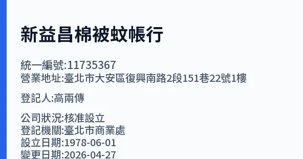 新益昌棉被蚊帳行的照片-統編 11735367(臺北市) 公司登記資料與營業項目詳細圖表