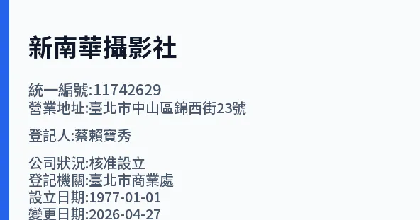 新南華攝影社的照片-統編 11742629(臺北市) 公司登記資料與營業項目詳細圖表