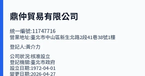 鼎仲貿易有限公司的照片-統編 11747716(臺北市) 公司登記資料與營業項目詳細圖表
