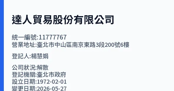 達人貿易股份有限公司的照片-統編 11777767(臺北市) 公司登記資料與營業項目詳細圖表