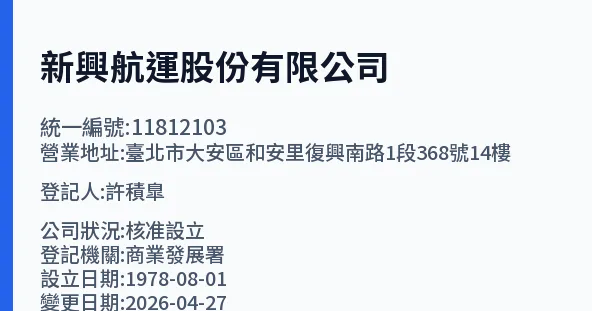新興航運股份有限公司的照片-統編 11812103(臺北市) 公司登記資料與營業項目詳細圖表