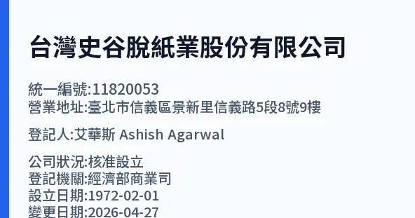 台灣史谷脫紙業股份有限公司的照片-統編 11820053(臺北市) 公司登記資料與營業項目詳細圖表