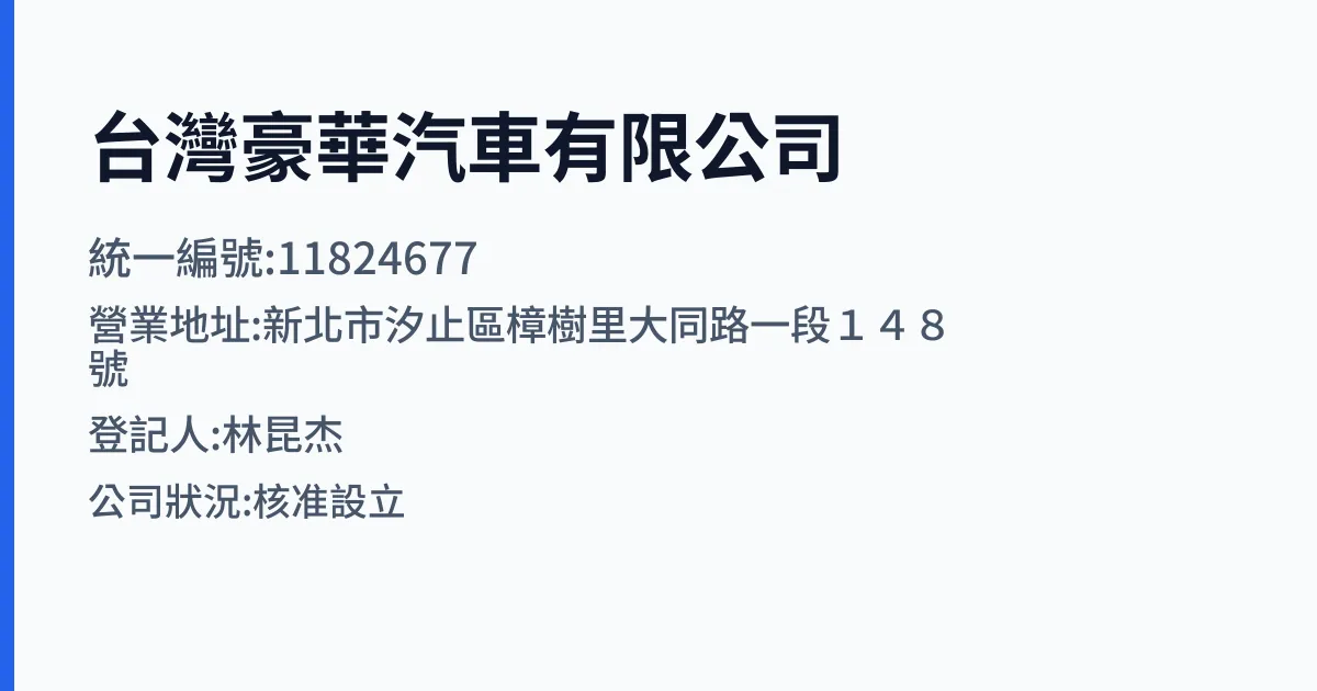 台灣豪華汽車有限公司 - 統編 11824677(新北市) 公司登記資料與營業項目詳細圖表