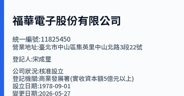 福華電子股份有限公司的照片-統編 11825450(臺北市) 公司登記資料與營業項目詳細圖表