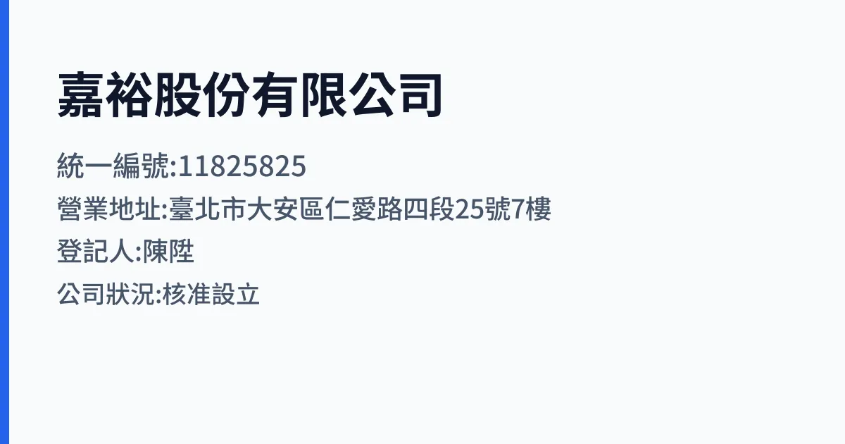 嘉裕股份有限公司 - 統編 11825825(臺北市) 公司登記資料與營業項目詳細圖表