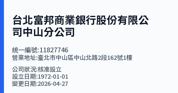 台北富邦商業銀行股份有限公司中山分公司的照片-統編 11827746(臺北市) 公司登記資料與營業項目詳細圖表