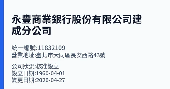 永豐商業銀行股份有限公司建成分公司的照片-統編 11832109(臺北市) 公司登記資料與營業項目詳細圖表