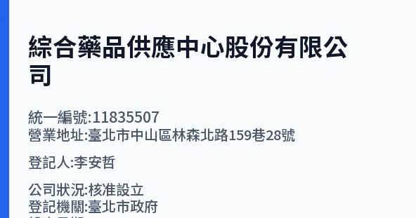 綜合藥品供應中心股份有限公司的照片-統編 11835507(臺北市) 公司登記資料與營業項目詳細圖表