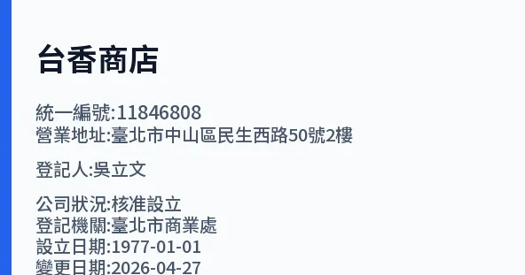 台香商店的照片-統編 11846808(臺北市) 公司登記資料與營業項目詳細圖表