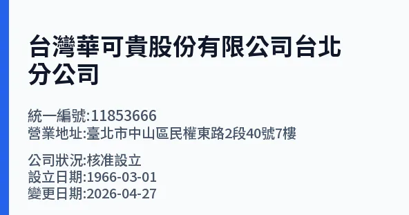 台灣華可貴股份有限公司台北分公司的照片-統編 11853666(臺北市) 公司登記資料與營業項目詳細圖表
