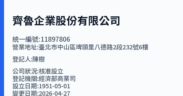 齊魯企業股份有限公司的照片-統編 11897806(臺北市) 公司登記資料與營業項目詳細圖表