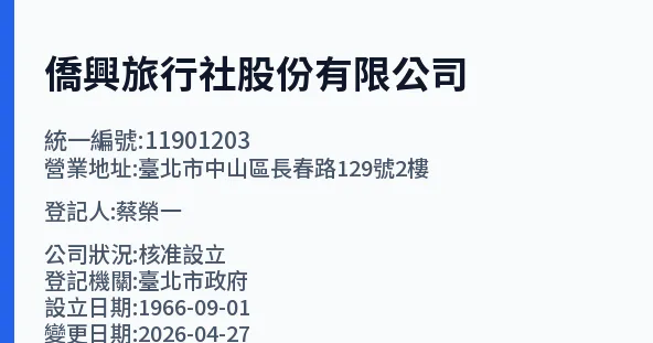 僑興旅行社股份有限公司的照片-統編 11901203(臺北市) 公司登記資料與營業項目詳細圖表