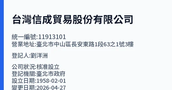 台灣信成貿易股份有限公司的照片-統編 11913101(臺北市) 公司登記資料與營業項目詳細圖表