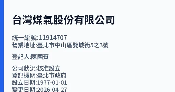 台灣煤氣股份有限公司的照片-統編 11914707(臺北市) 公司登記資料與營業項目詳細圖表