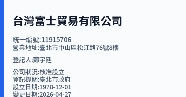 台灣富士貿易有限公司的照片-統編 11915706(臺北市) 公司登記資料與營業項目詳細圖表