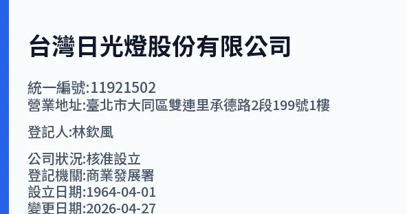 台灣日光燈股份有限公司的照片-統編 11921502(臺北市) 公司登記資料與營業項目詳細圖表
