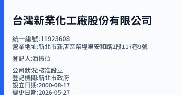 台灣新業化工廠股份有限公司的照片-統編 11923608(新北市) 公司登記資料與營業項目詳細圖表
