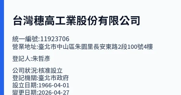 台灣穗高工業股份有限公司的照片-統編 11923706(臺北市) 公司登記資料與營業項目詳細圖表