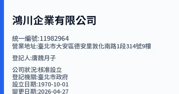 鴻川企業有限公司的照片-統編 11982964(臺北市) 公司登記資料與營業項目詳細圖表