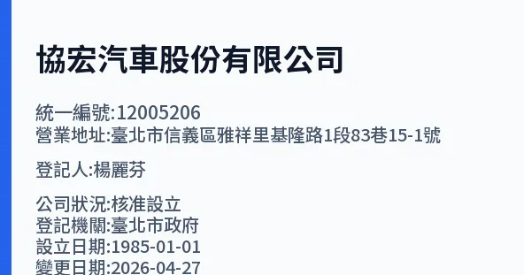協宏汽車股份有限公司的照片-統編 12005206(臺北市) 公司登記資料與營業項目詳細圖表